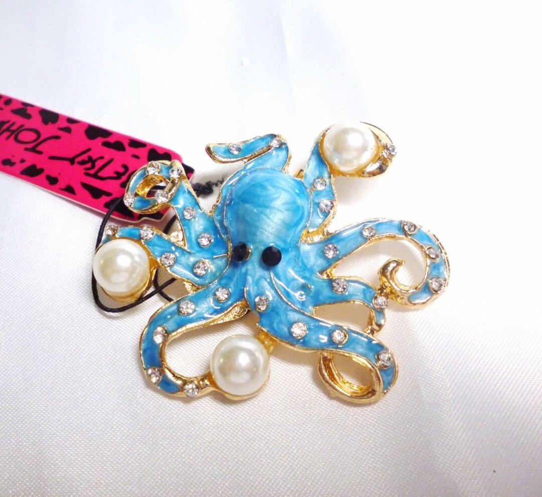 Betsey Johnson Octopus Pin / Pendant Brooch Blue Enamel, Faux Pearls, Crystals, Gold Plate NOS ...
