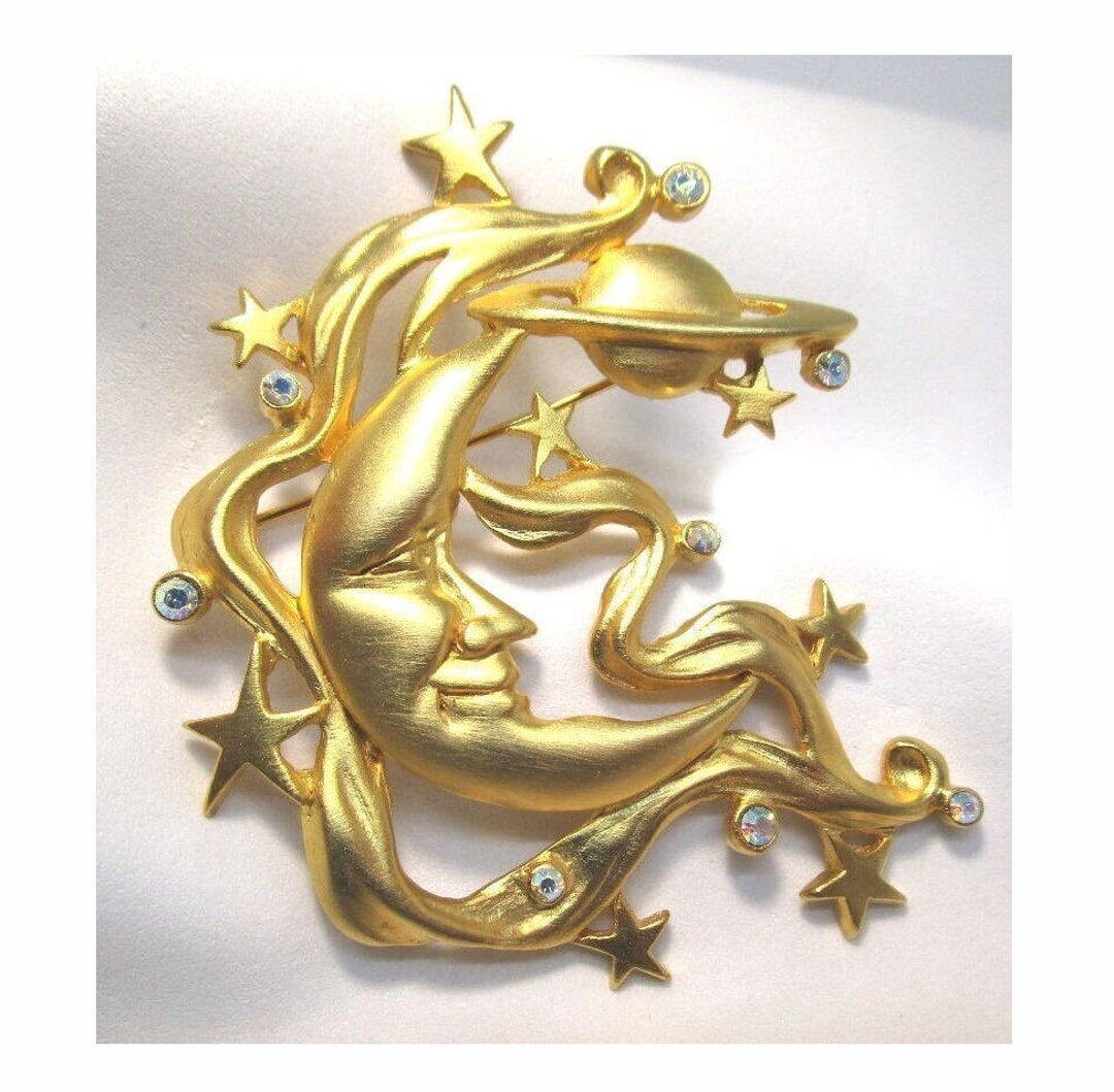Moon, Stars & Planet Celestial Pin Sandcast Matte Gold Tone W/crystals ...
