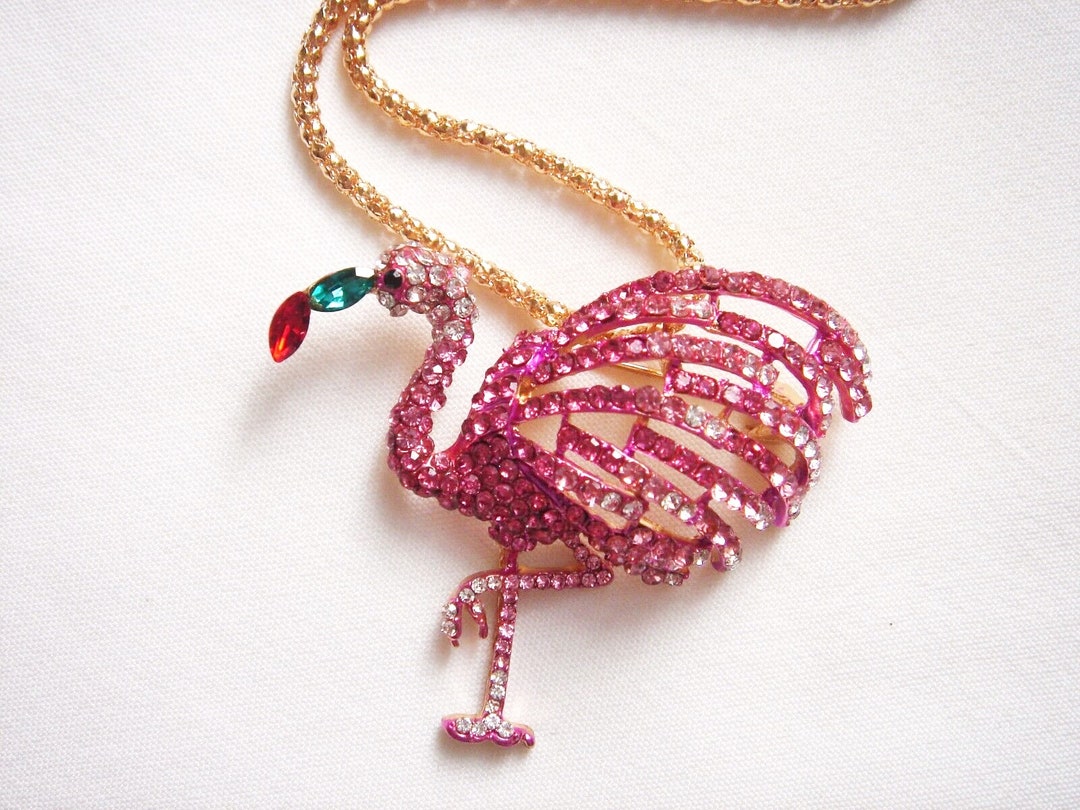 RARE Betsey Johnson Flamingo Necklace/pin Brooch Bright Pink Crystals ...