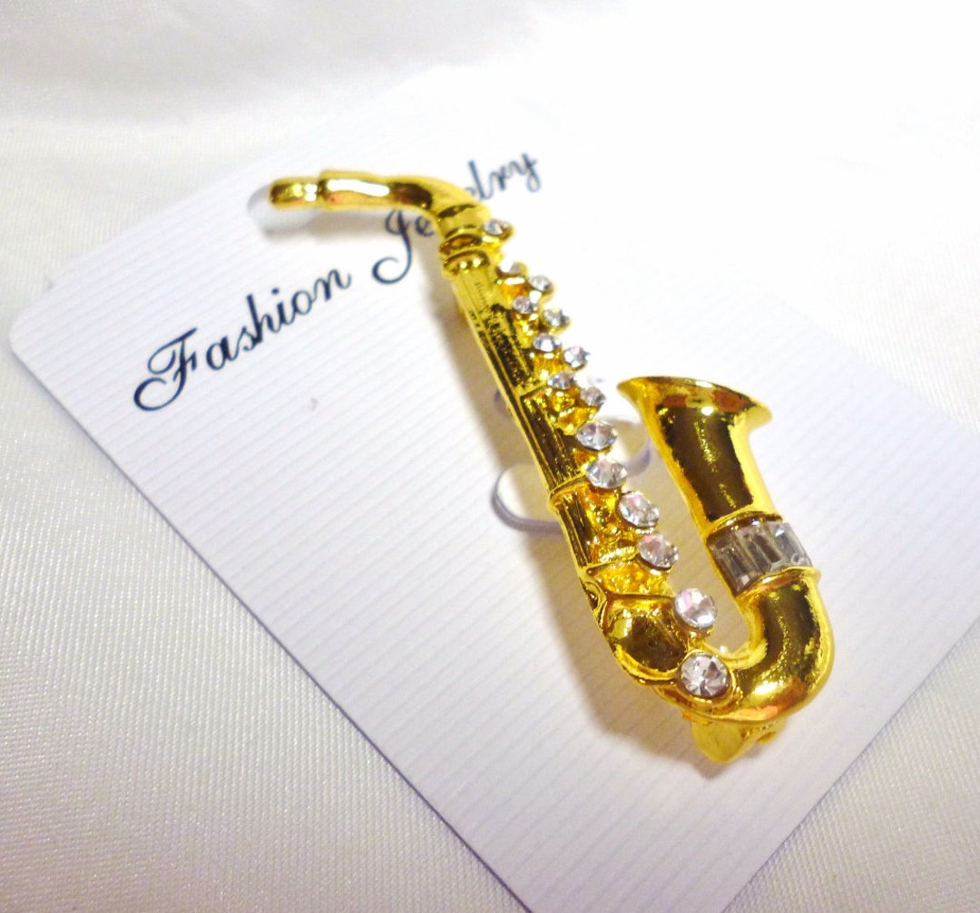 Saxophone Pin Brooch Gold Plate + Crystals Musical Instrument on Card ...
