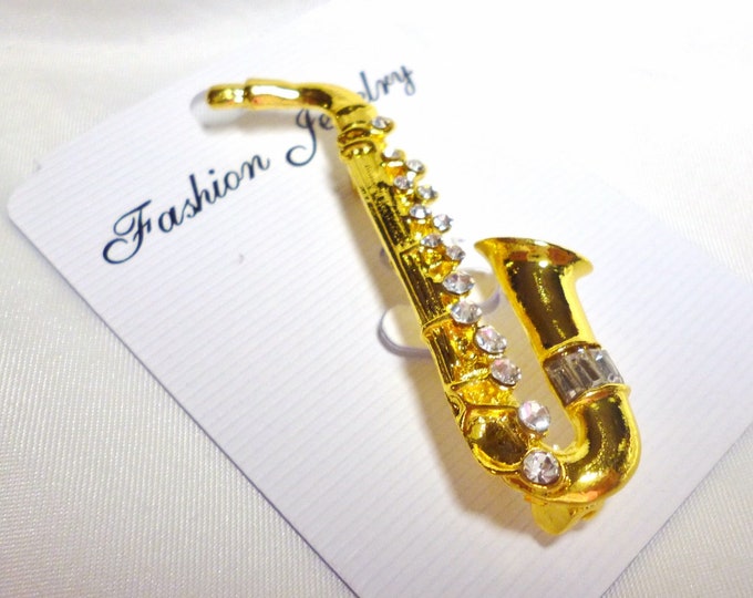 Saxophone Pin Brooch Gold Plate + Crystals Musical Instrument on Card ...