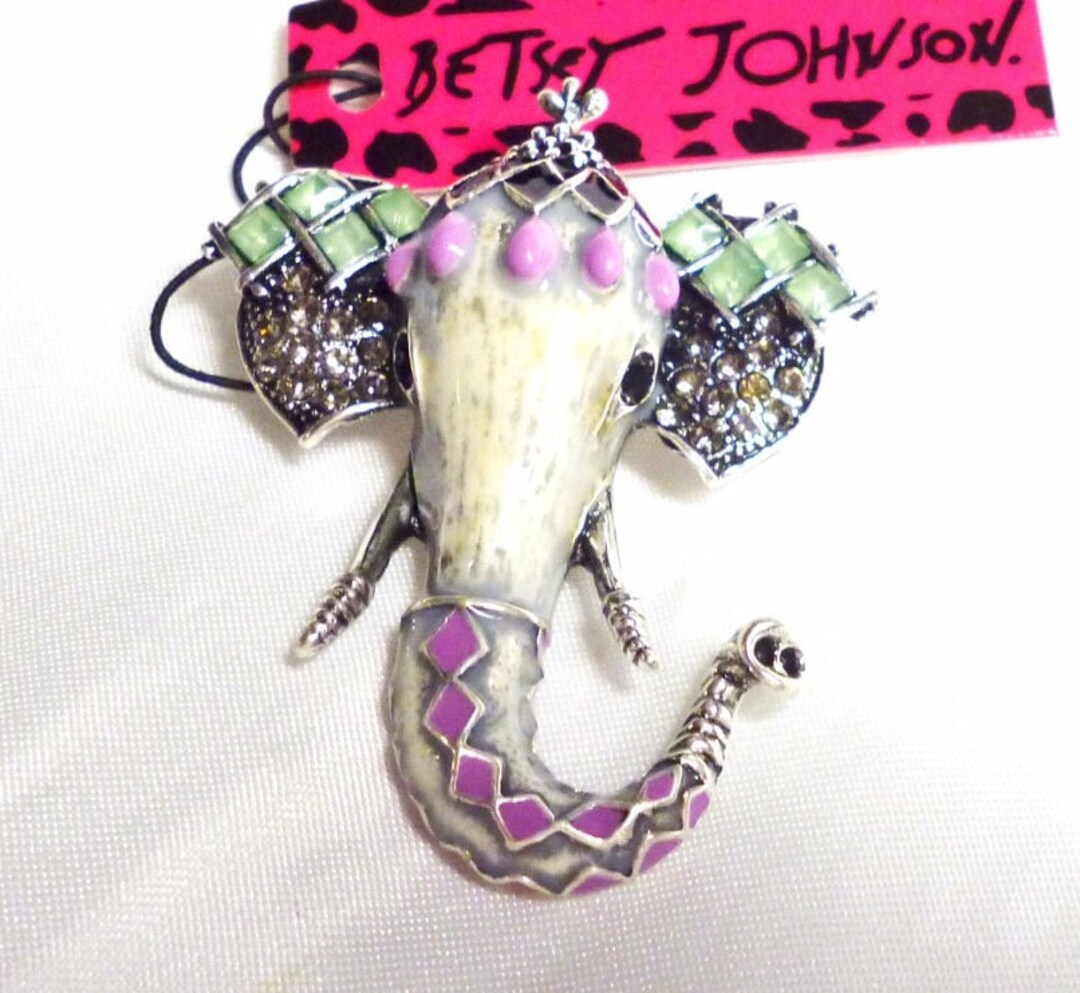 RARE Betsey Johnson Elephant Head Pin Gray Purple Enamel & Green Bronze ...
