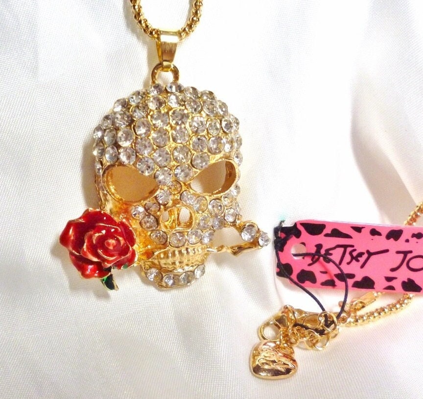 Fall Sale Betsey Johnson Sugar Skull Necklace Red Rose In Mouth Clear