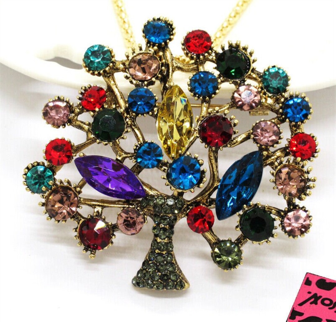 Betsey Johnson Tree of Life Necklace Sparkly Teal, Red, Purple & Green ...