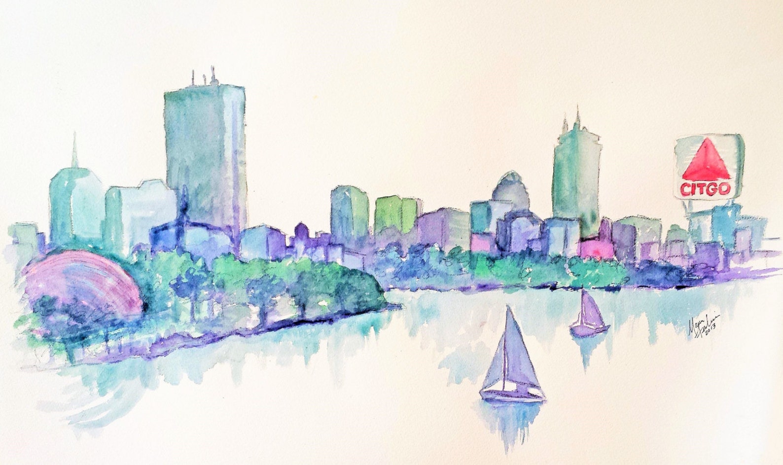 Boston Skyline giclee Print of Original Watercolor Painting - Etsy