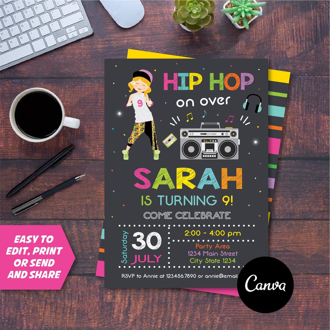 Editable, Hip Hop Birthday Invitation, Dance Party, Dancing Invitation ...