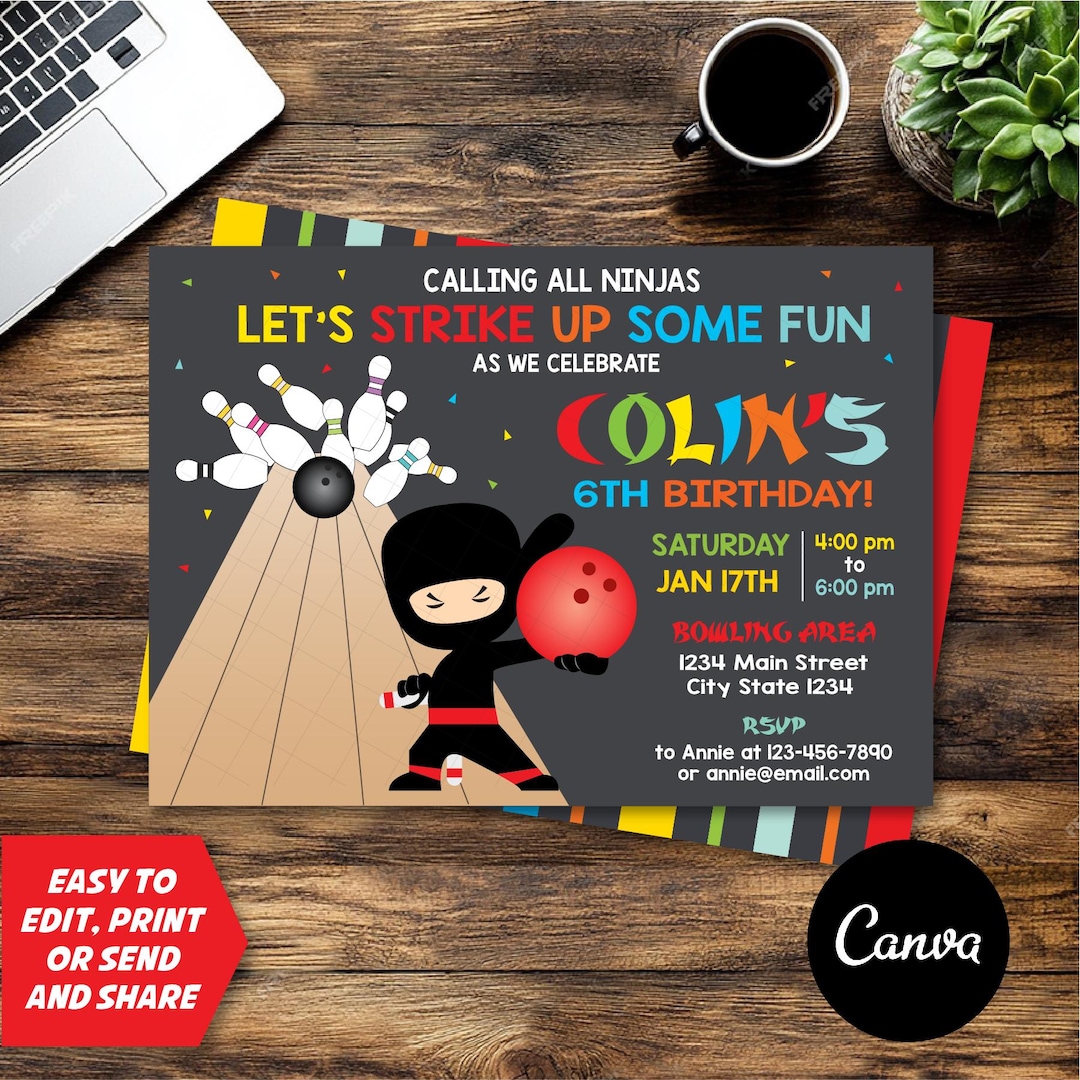 EDITABLE, Ninja Bowling Birthday Invitation, Ninja Invitation, Ninjas ...