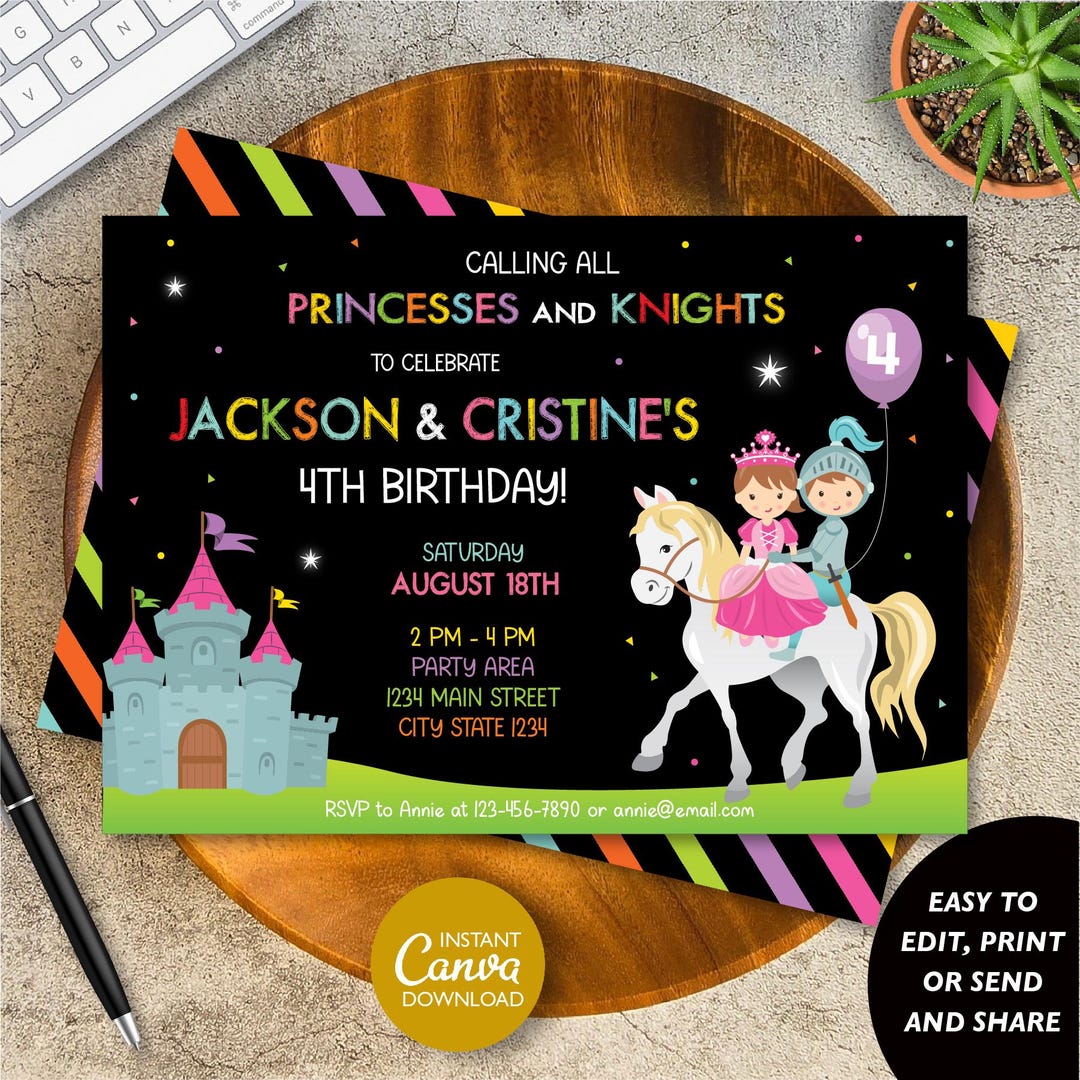 Editable Princesses and Knights Birthday Invitation, Princesses and ...