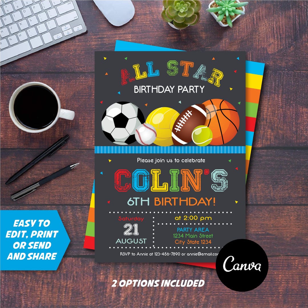 EDITABLE, All-star Birthday Invitation, All-star Party, Sports Birthday ...