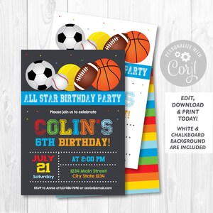 EDITABLE All-star Birthday Invitation All-star Party Sports - Etsy