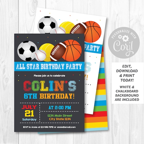 All Star Party Package Sports Invitation Birthday Soccer - Etsy