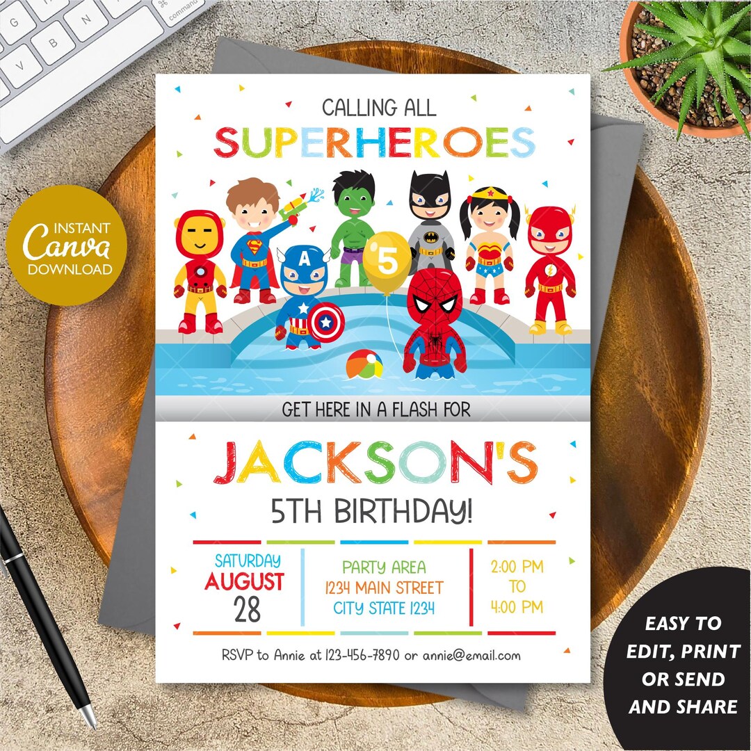 Editable, Superhero Pool Birthday Invitation, Superheroes Birthday ...