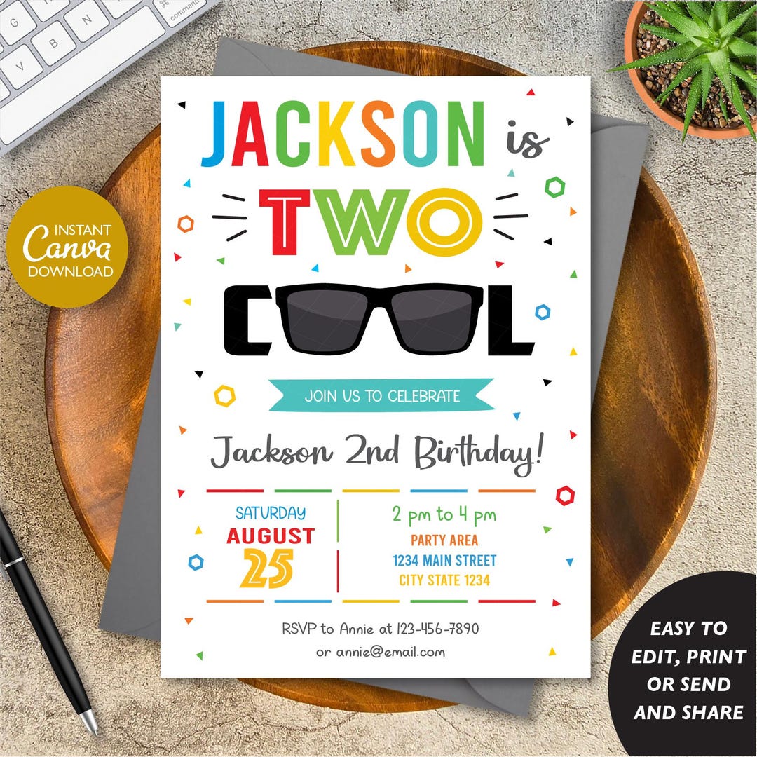 Editable Two Cool Birthday Invitation, Two Cool Invitation, Two Cool ...