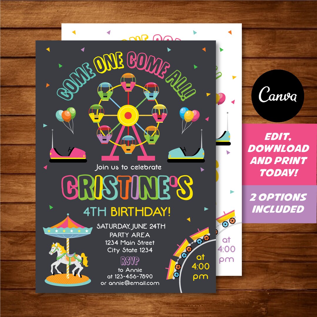 EDITABLE, Amusement Park Invitation, Amusement Park Birthday ...