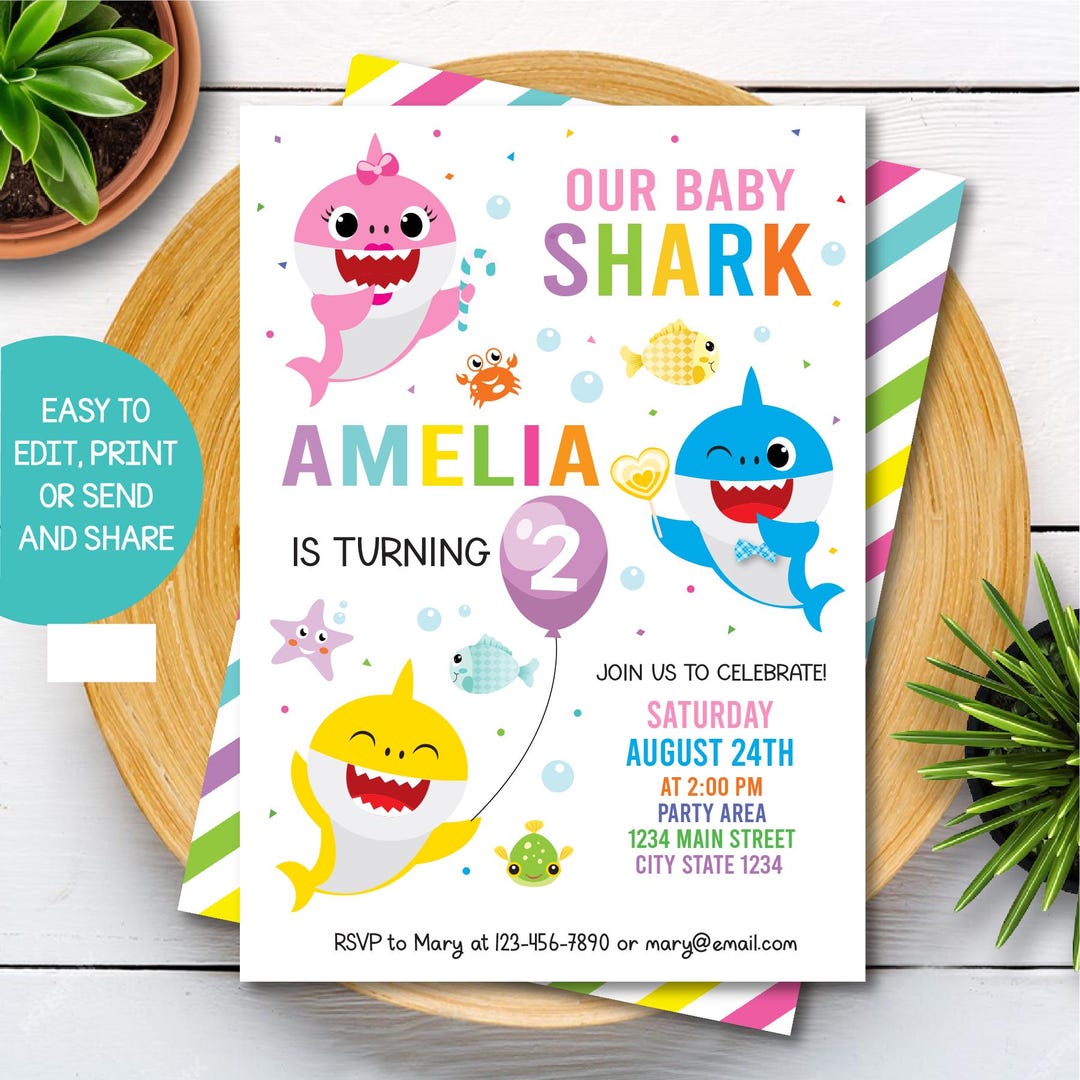 Editable Shark Birthday Invitation, Canva Template, INSTANT DOWNLOAD ...