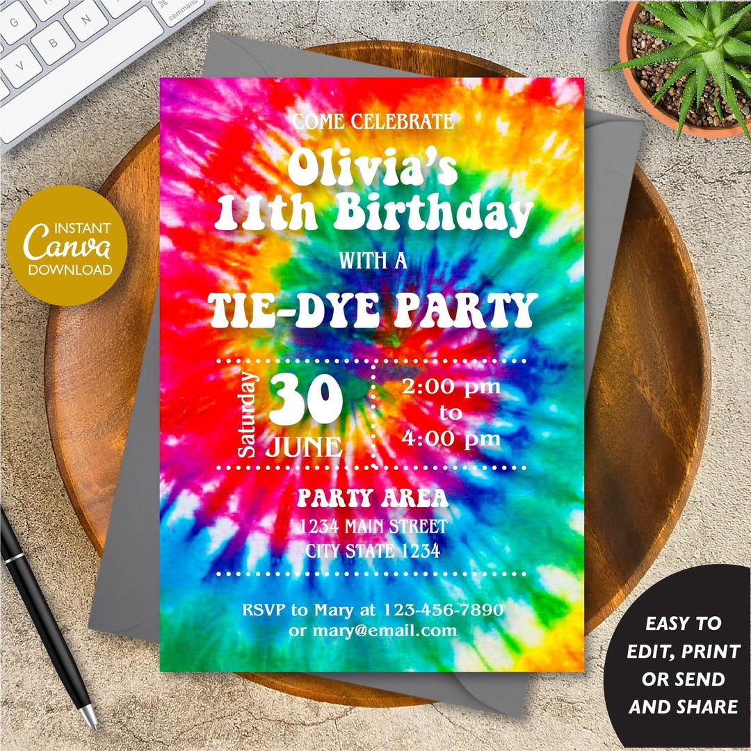 Editable, Tie-dye Invitation, Tie Dye Party, VSCO Girl Invitation ...