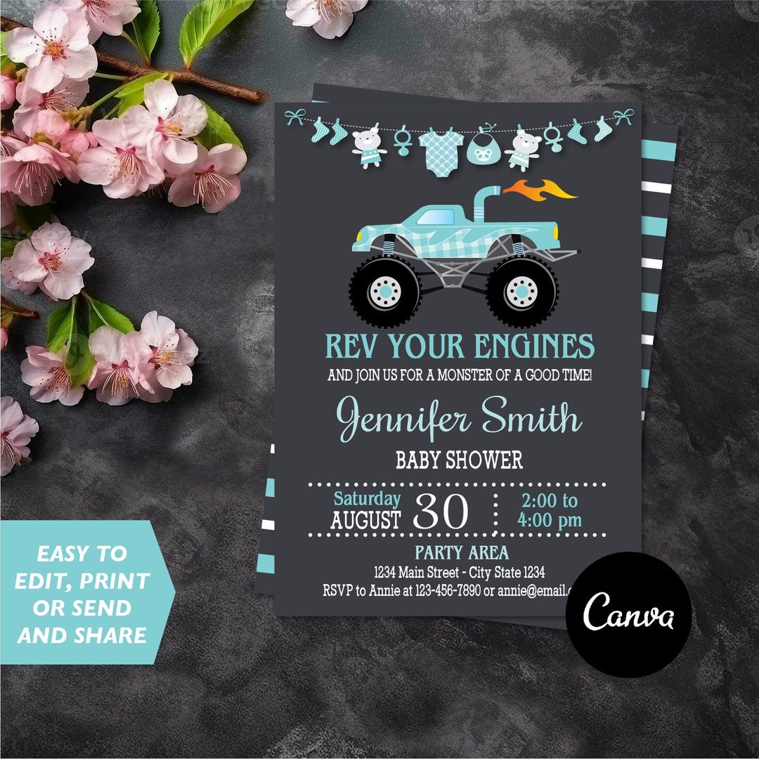 Editable, Monster Truck Baby Shower Invitation, Monster Truck Party ...
