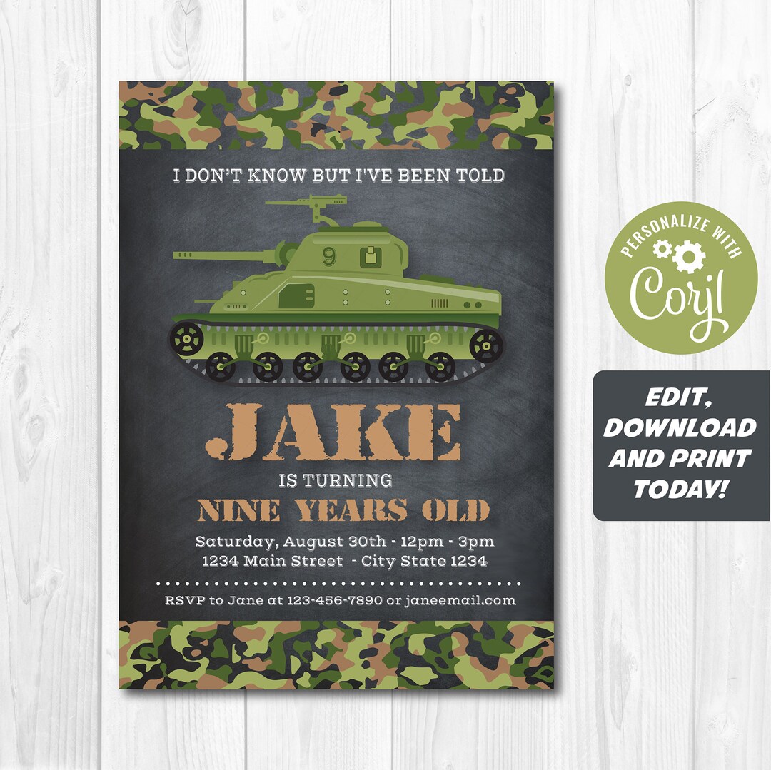 EDITABLE Army Birthday Invitation Tank Invitation Army - Etsy