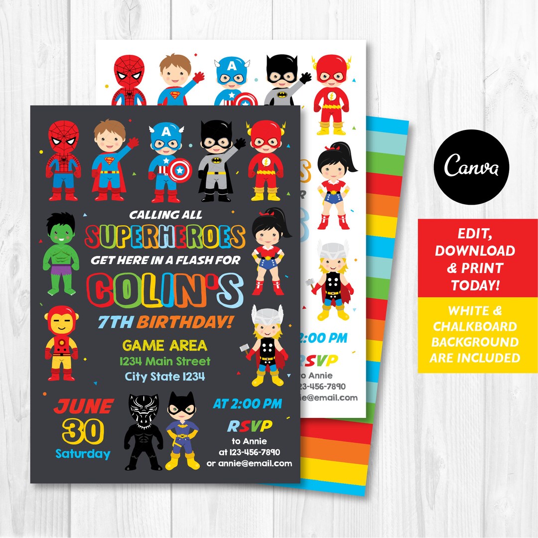 Editable, Superhero Birthday Invitation, Superheroes Party, Canva ...