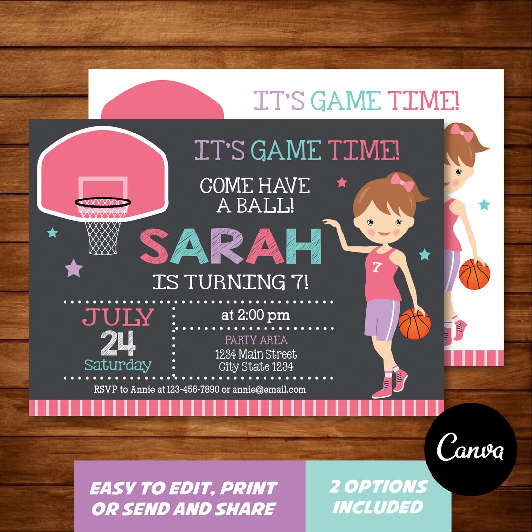 Editable, Basketball Girl Birthday Invitation, Basketball Invitation ...