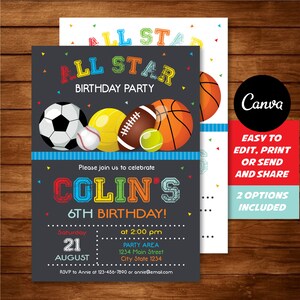EDITABLE, All-star Birthday Invitation, All-star Party, Sports Birthday ...
