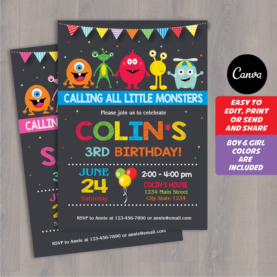 Editable, Monsters Birthday Invitation, Monsters Party, Canva Template ...
