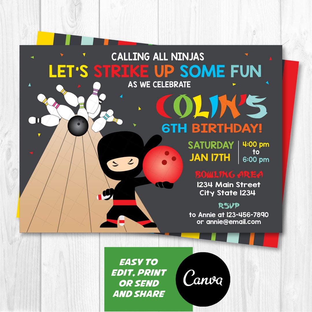 EDITABLE, Ninja Bowling Birthday Invitation, Ninja Invitation, Ninjas ...
