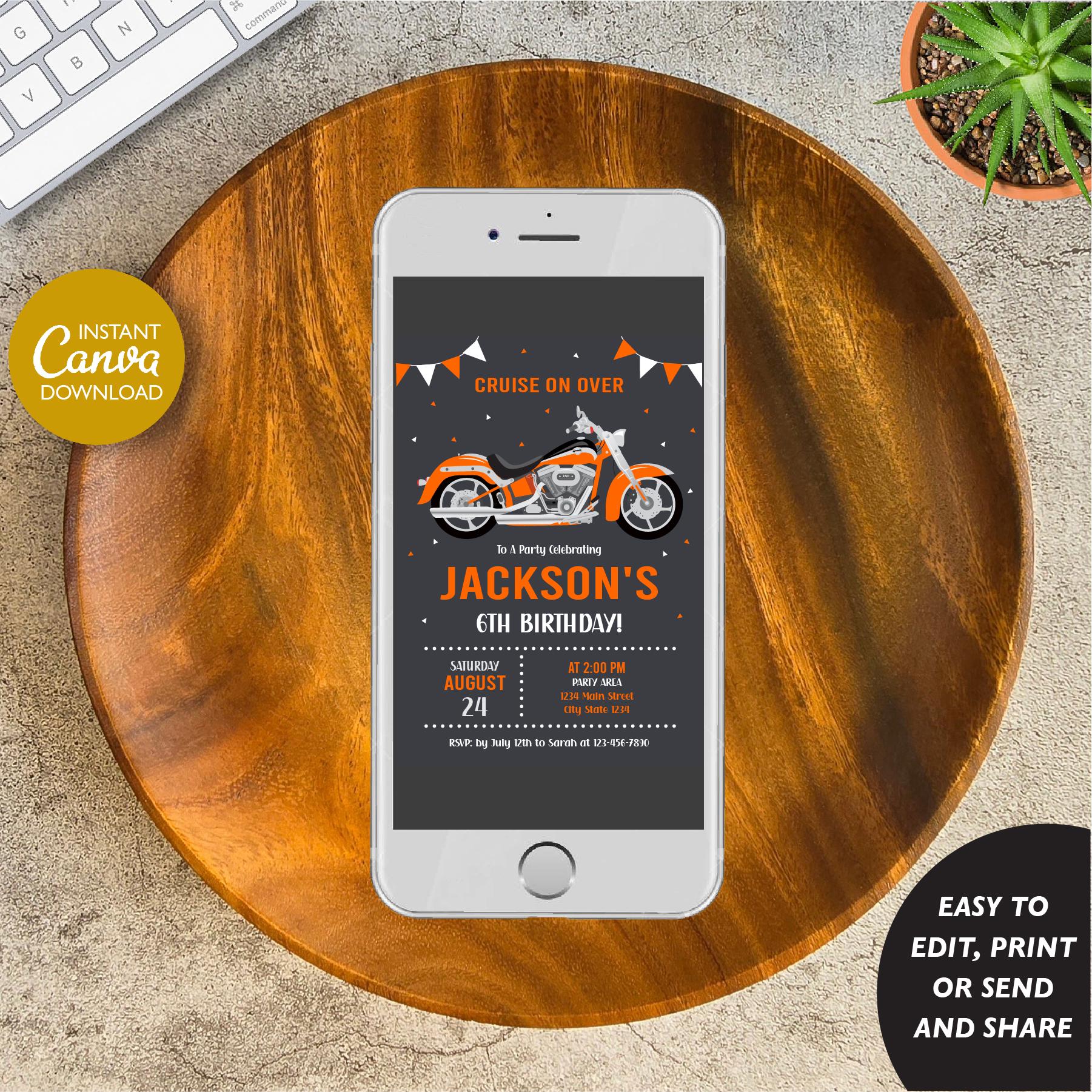 Editable, Motorcycle Birthday Invitation, Motorbike Birthday Invitation ...