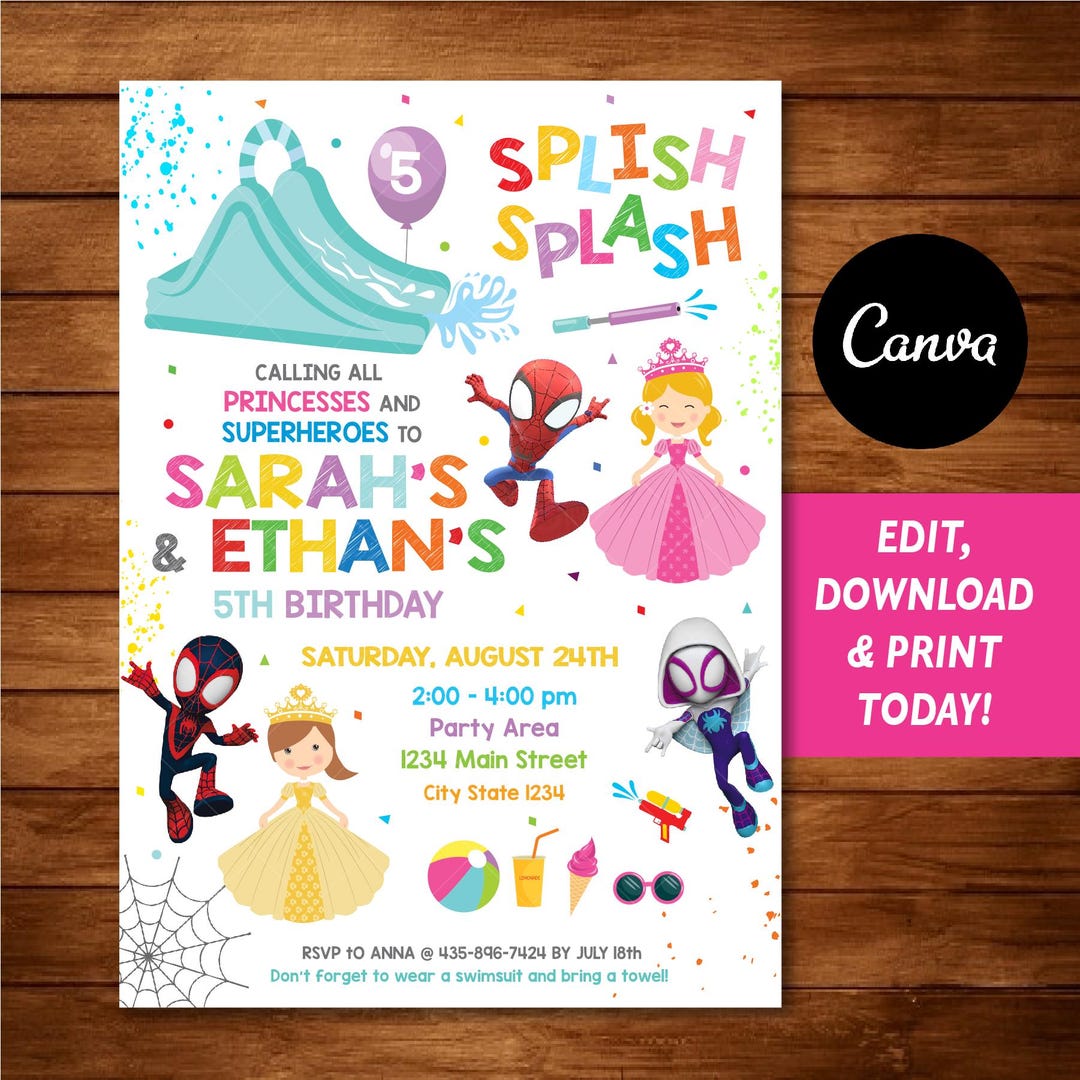 Editable Superhero and Princess Waterslide Invitation, Superhero and ...