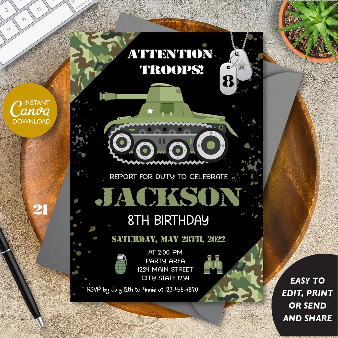 EDITABLE Army Birthday Invitation, Tank Invitation, Army Party ...