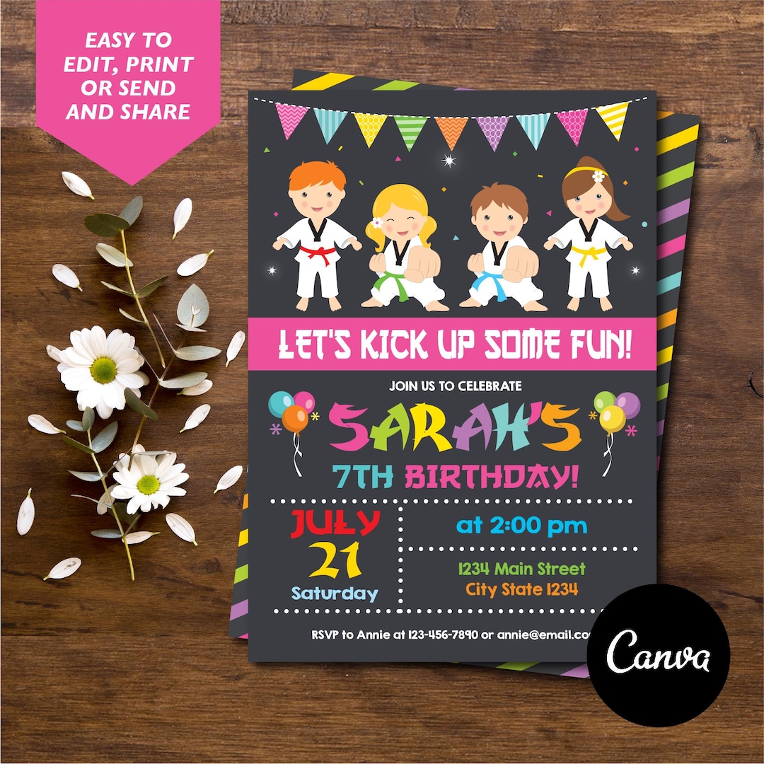 Invitación de cumpleaños de taekwondo editable, fiesta de taekwondo ...