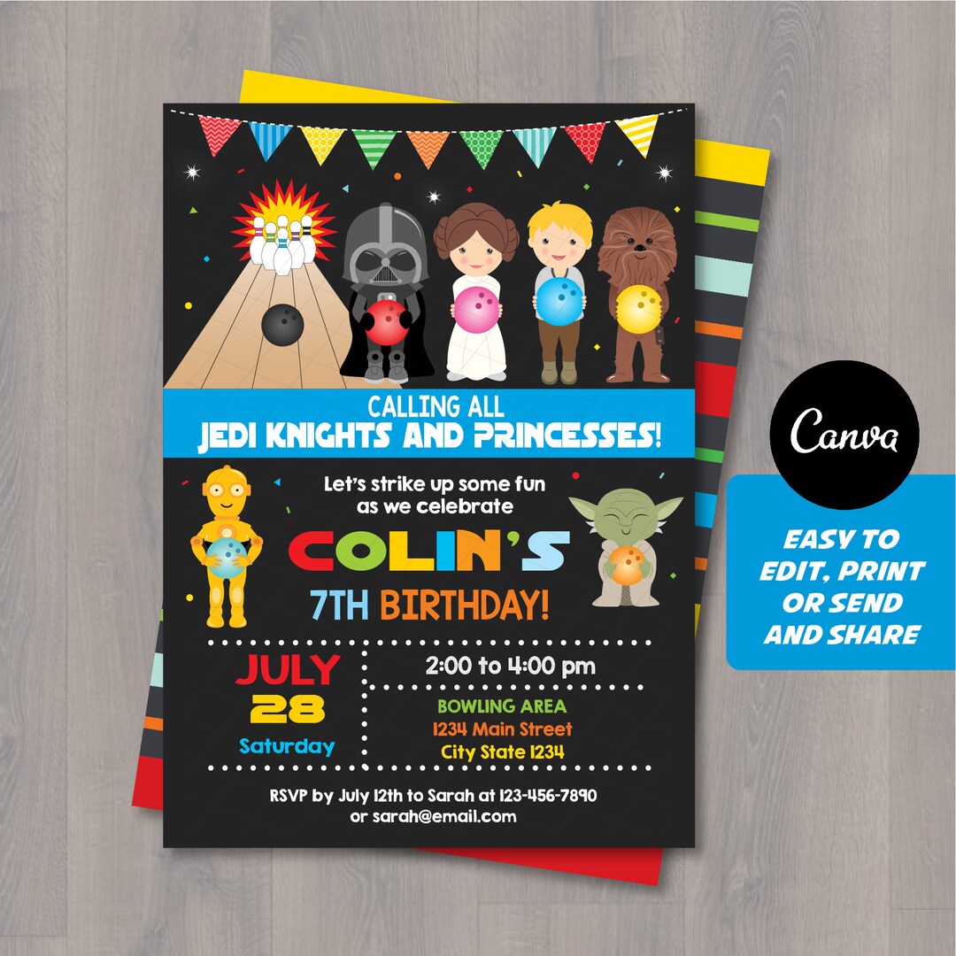 Editable, Invitación de cumpleaños de Star Wars Bowling, Fiesta de ...