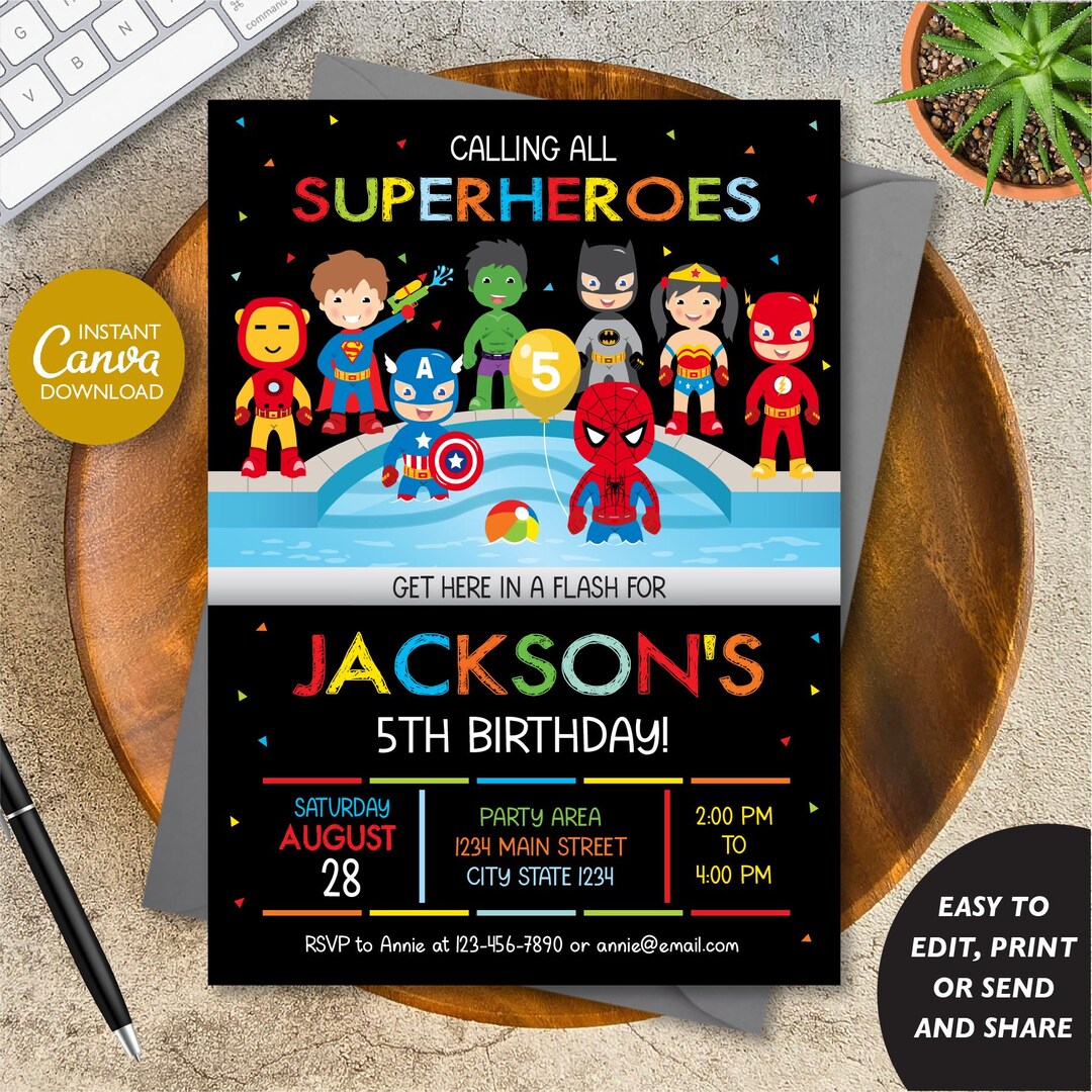 Editable, Superhero Pool Birthday Invitation, Superheroes Birthday ...