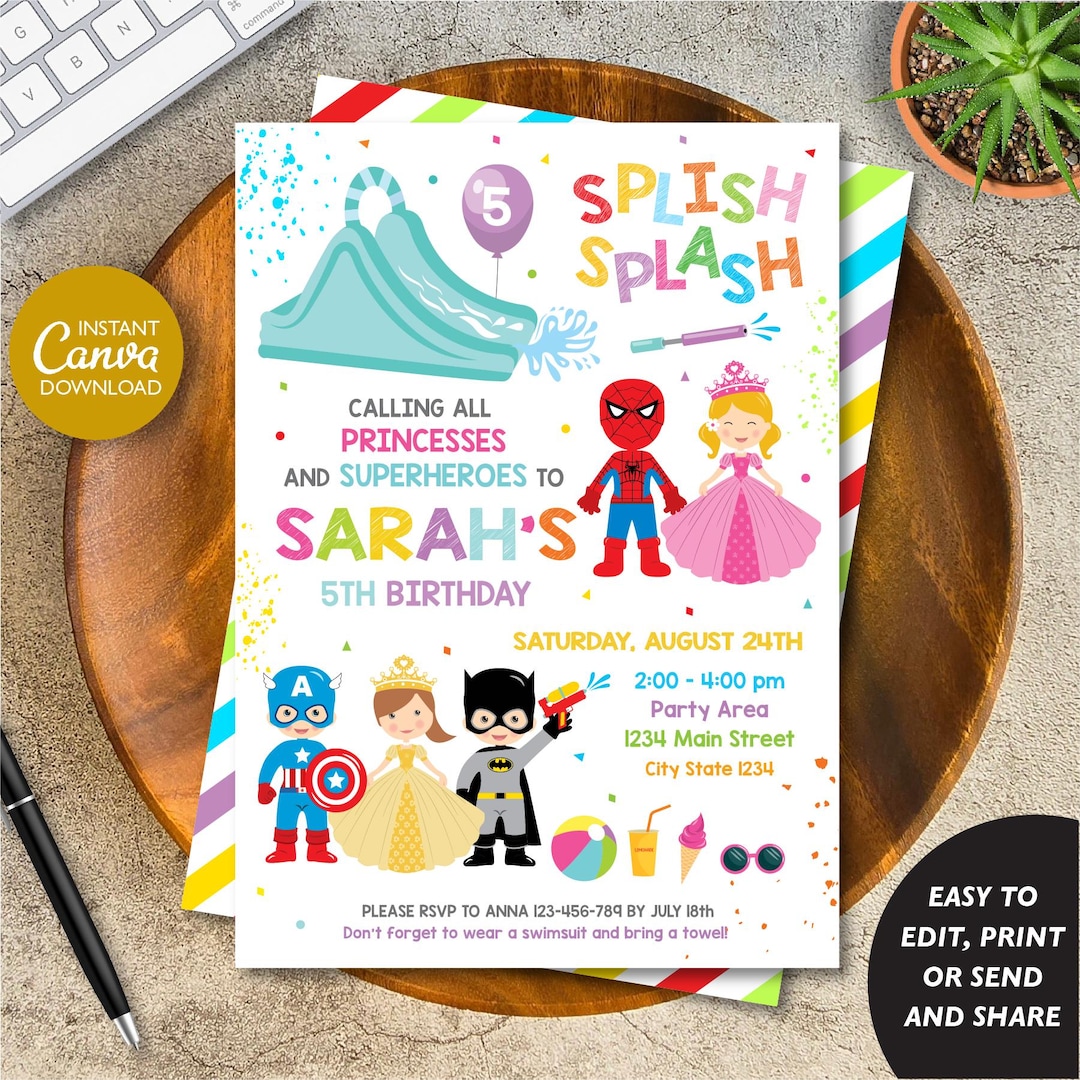Editable Superhero and Princess Waterslide Invitation, Superhero and ...