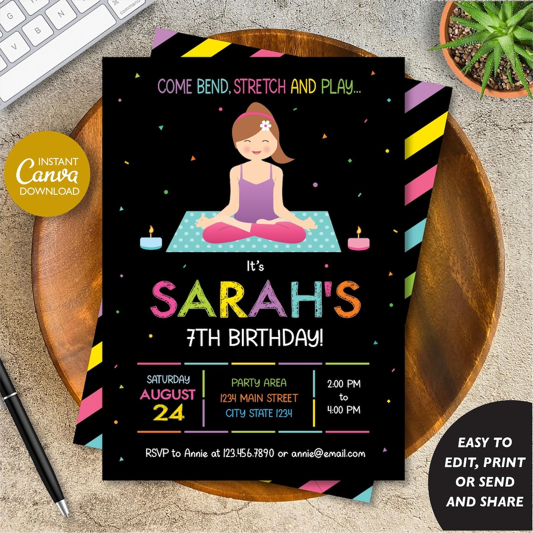 Editable Yoga Birthday Invitation Girl, Yoga Party, Yoga Invitation ...