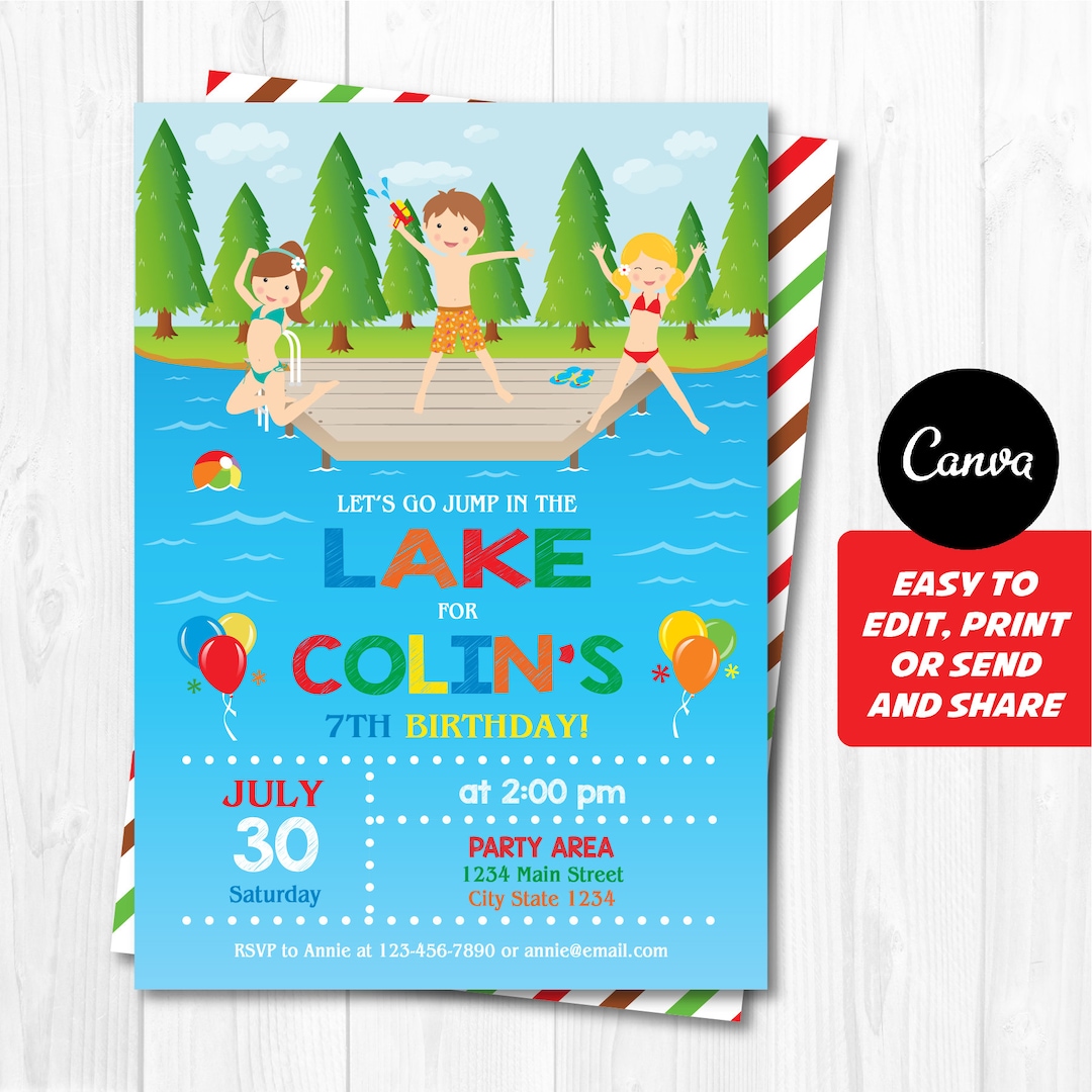 Editable, Lake Birthday Invitation, Lake Party, Boys Birthday, Canva ...