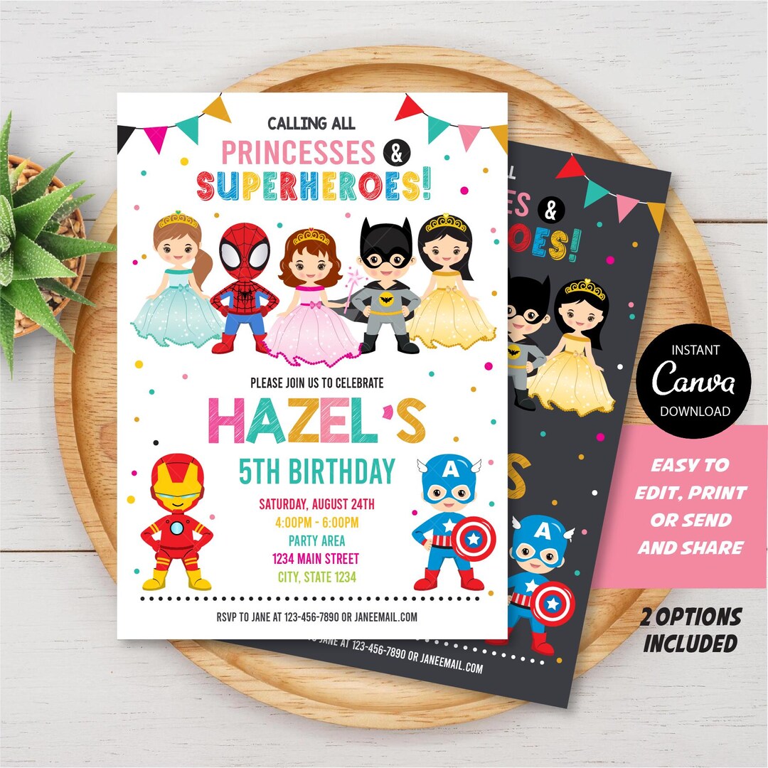 Editable Superheroes and Princesses Birthday Invitation, Superhero ...