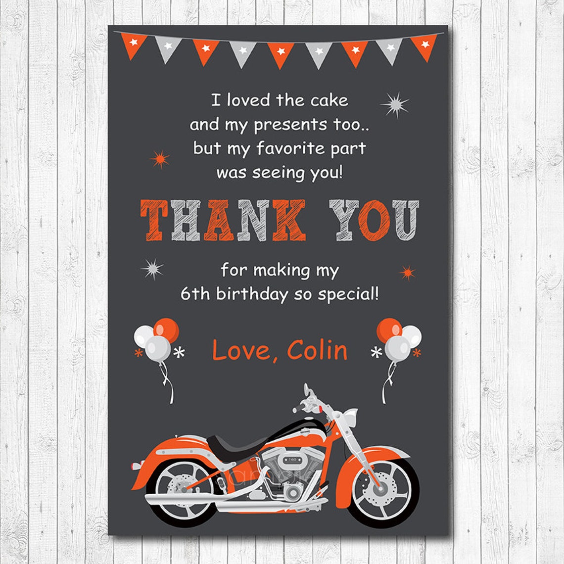 Motorcycle Birthday Thank You Card Digital Printable File - Etsy