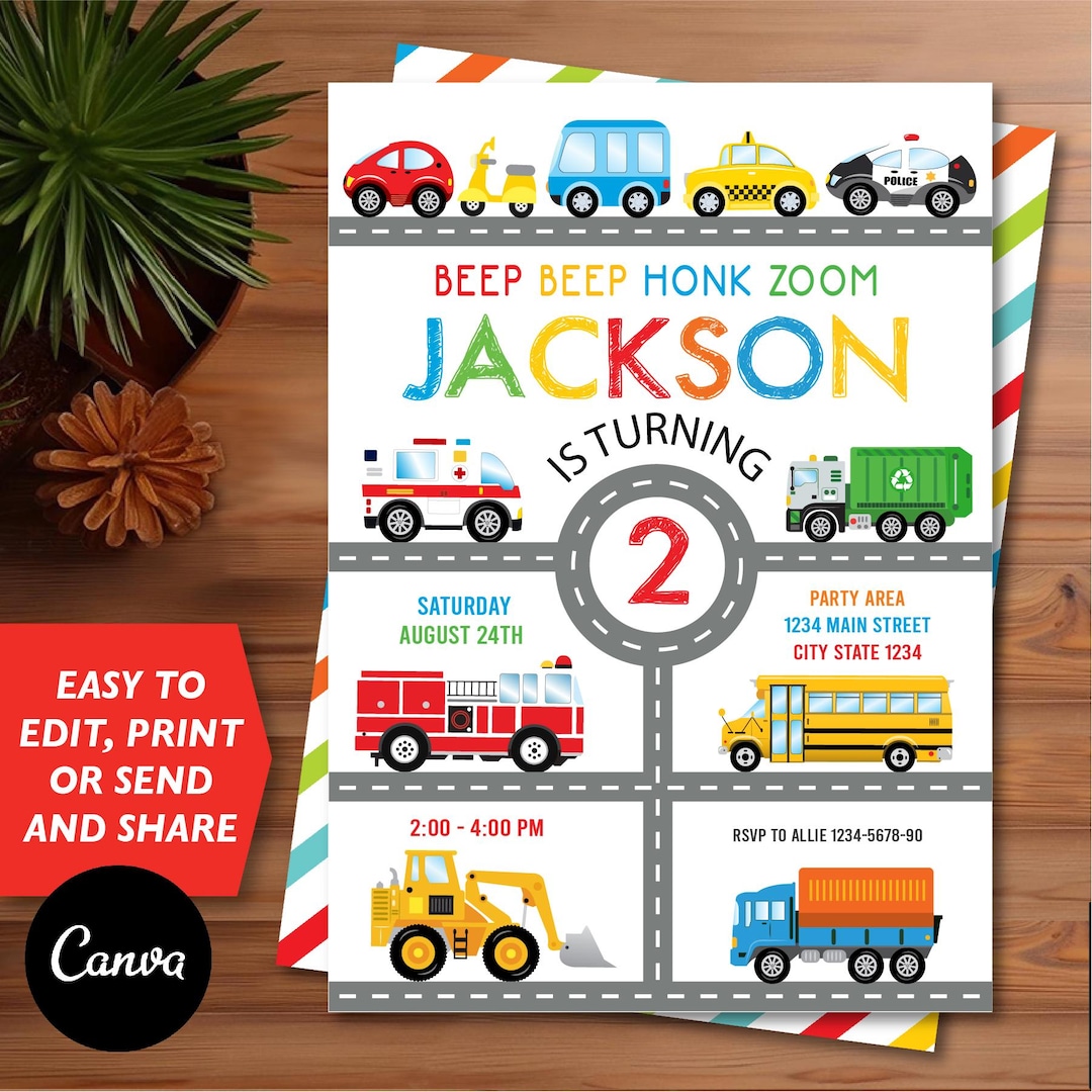 EDITABLE Transportation Birthday Invitation, Vehicle Invitation ...
