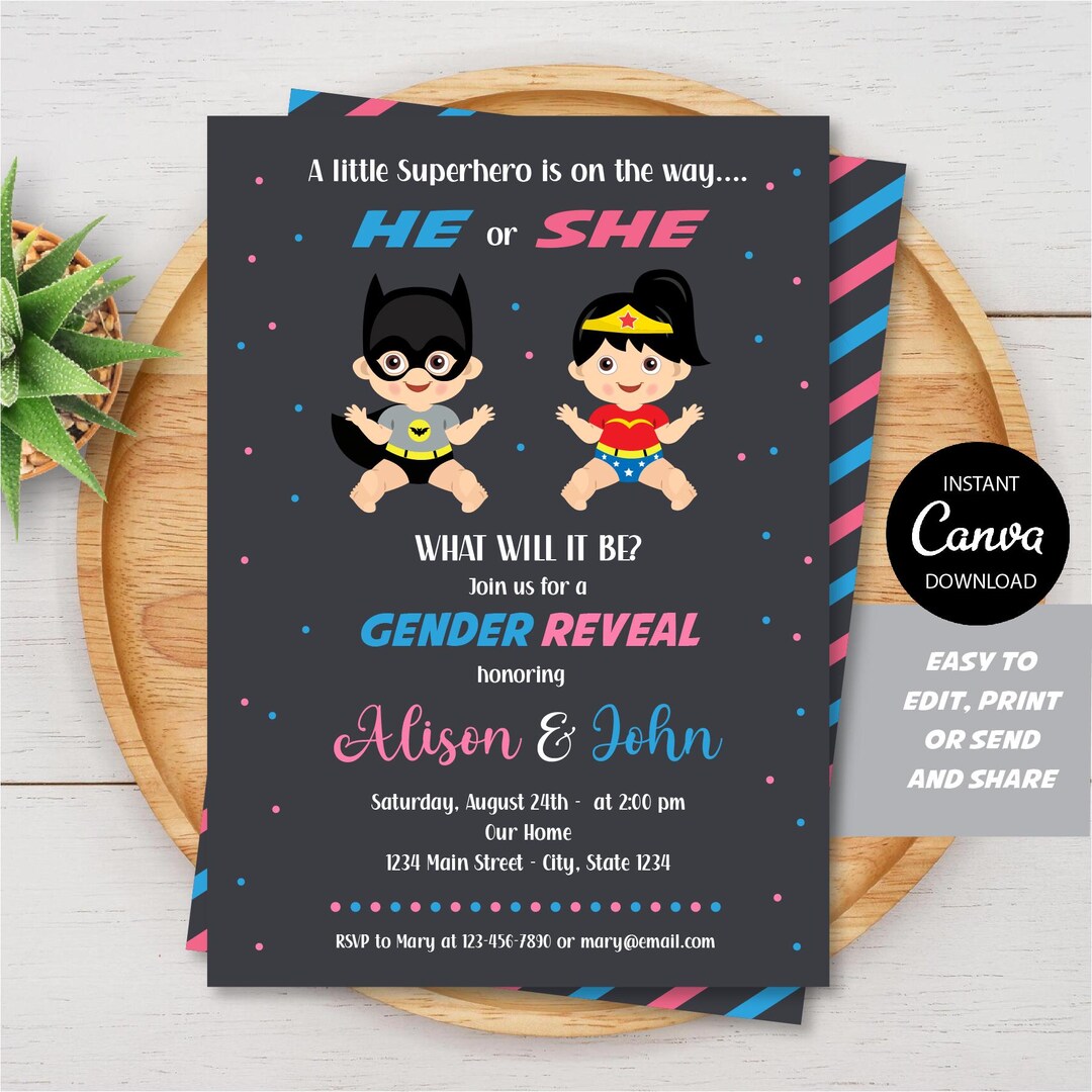 Editable Superhero Gender Reveal Invitation, Boy or Girl Invitation ...