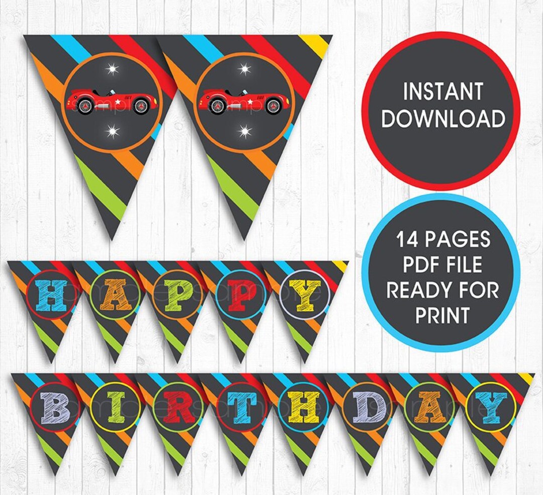 Racing Cars Party Banners Bunting Flags Digital Printable Banners ...