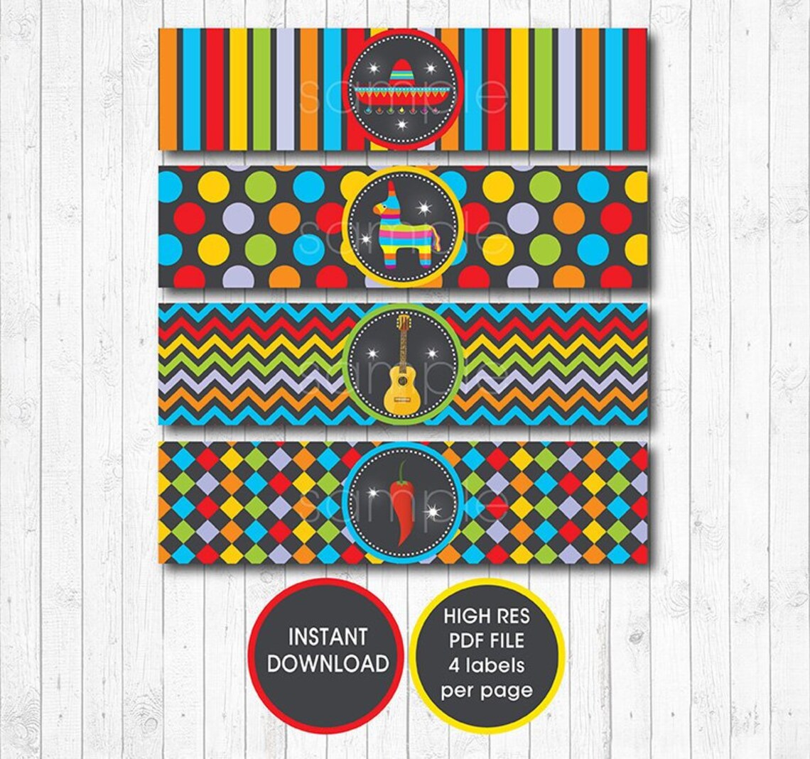 Mexican Fiesta Water Bottle Labels Mexican Fiesta Wrappers - Etsy