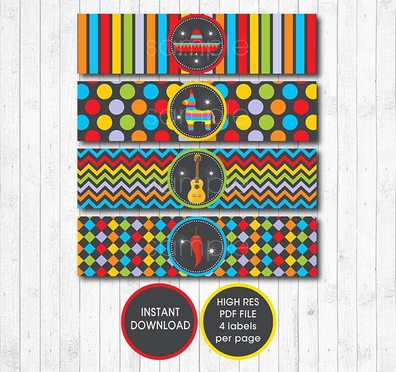 Mexican fiesta Water Bottle Labels Mexican fiesta Wrappers | Etsy