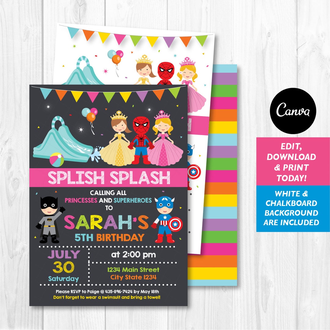 Editable, Superhero and Princess Invitation, Water Slide Invitation ...