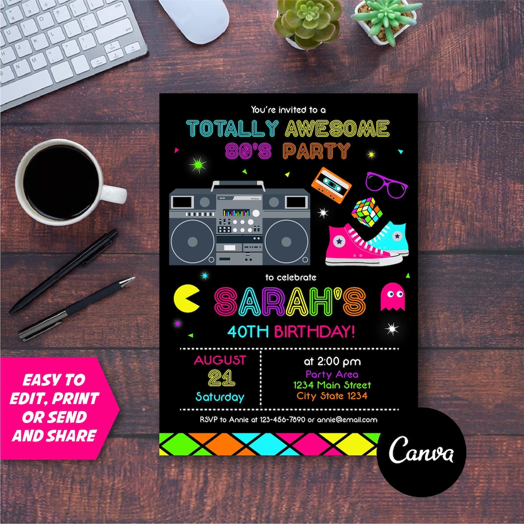 Editable, 80's Birthday Invitation, Eighties Invitation, 80's Party ...