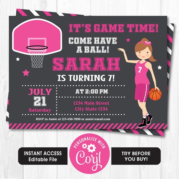 Editable Basketball Girl Birthday Invitation Basketball - Etsy