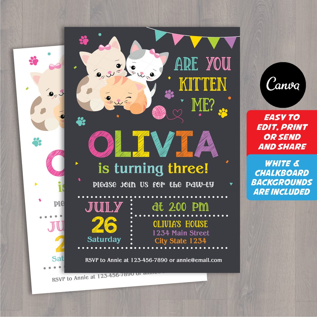 Editable, Cat Birthday Invitation, Kitty Birthday Party, Canva Template ...