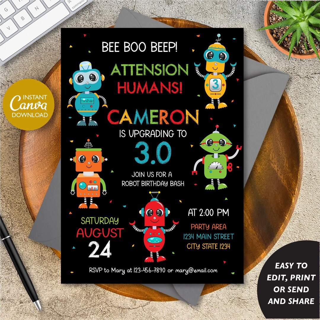 Editable Robot Birthday Invitation, Robot Party, Robot Invitation ...