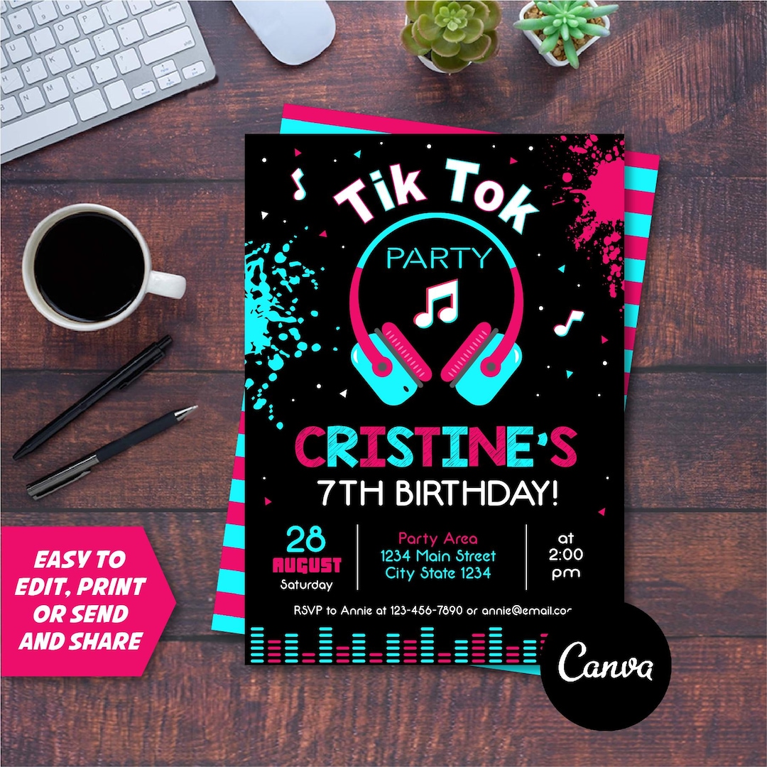 Editable, Tik Tok Birthday Invitation, Tik Tok Party, Musical Birthday ...