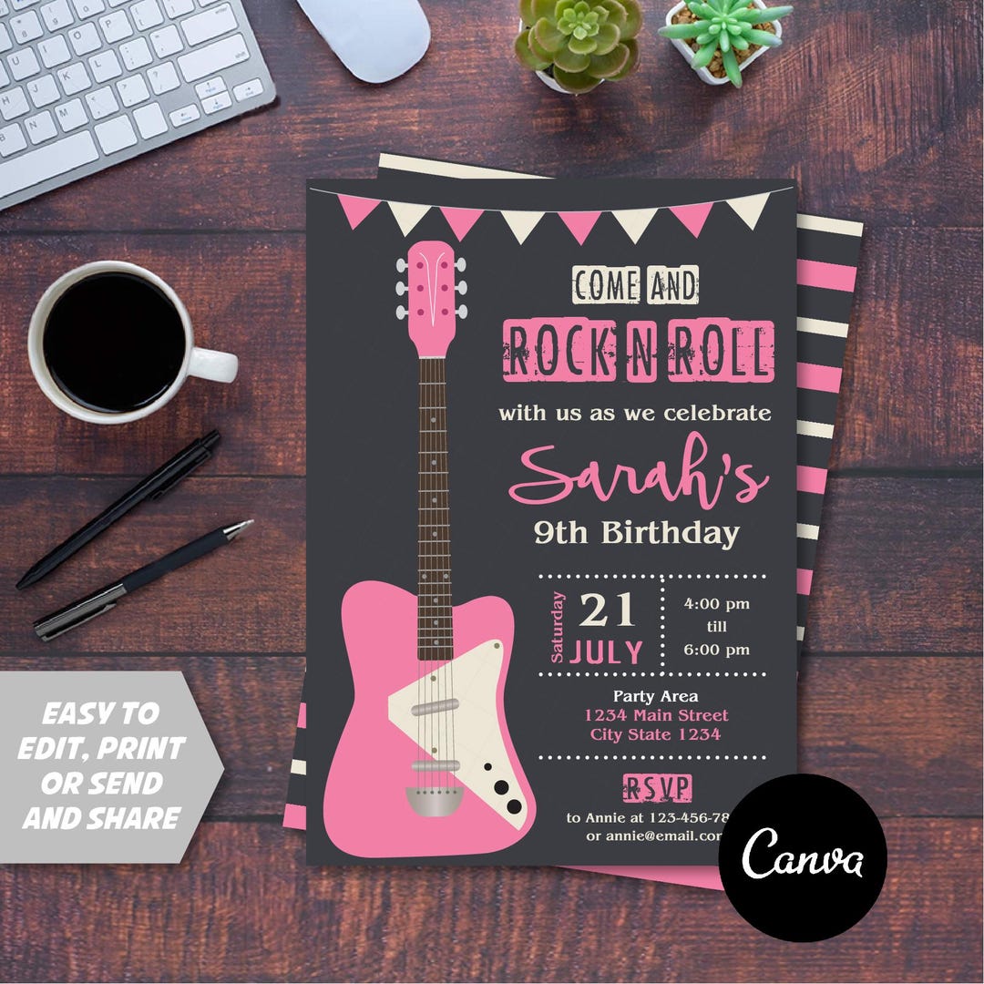 Editable, Rock Star Invitation, Guitar Birthday Invitation, Girls Rock ...